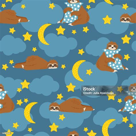 구름과 별과 달과 파란색 배경에 누워 작은 자 나무늘보 곰과 포옹 베개 만화 스타일의 귀여운 손으로 그린 나무늘보와 벡터 원활한 패턴 0명에 대한 스톡 벡터 아트 및 기타