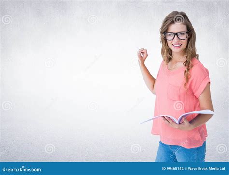 Nerd Woman With Book Writing On White Wall Stock Photo Image Of Geek Digital