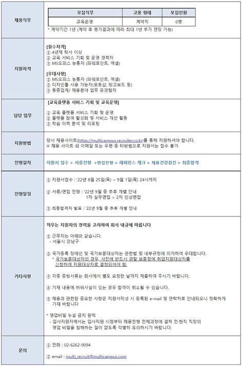 멀티캠퍼스 채용공고 기업교육 서비스 기획운영 계약직 채용 2022년 채용