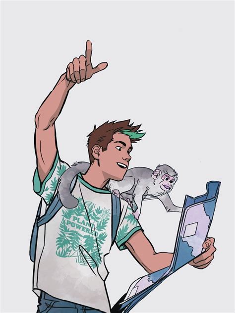 A Drawing Of A Man With A Monkey On His Shoulder Pointing To The Side