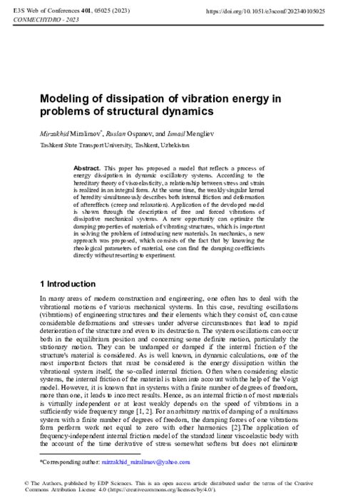 Pdf Modeling Of Dissipation Of Vibration Energy In Problems Of Structural Dynamics