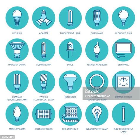 전구 색 플랫 라인 아이콘 Led 램프 형광 필 라 멘 트 할로겐 다이오드 유형과 다른 조명 아이디어 개념 전기 상점에 대 한 얇은 선형 표지판 형광등에 대한 스톡 벡터