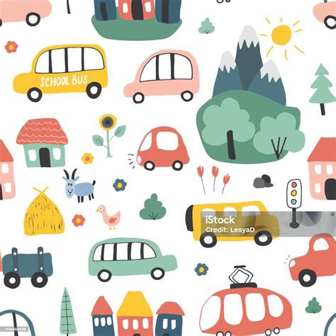 귀여운 자동차 원활한 패턴 만화 교통 낙서 배경 벡터 일러스트 교통에 대한 스톡 벡터 아트 및 기타 이미지 교통 귀여운