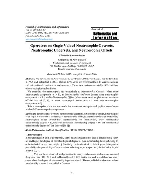 Pdf Operators On Single Valued Neutrosophic Oversets Neutrosophic Undersets And Neutrosophic