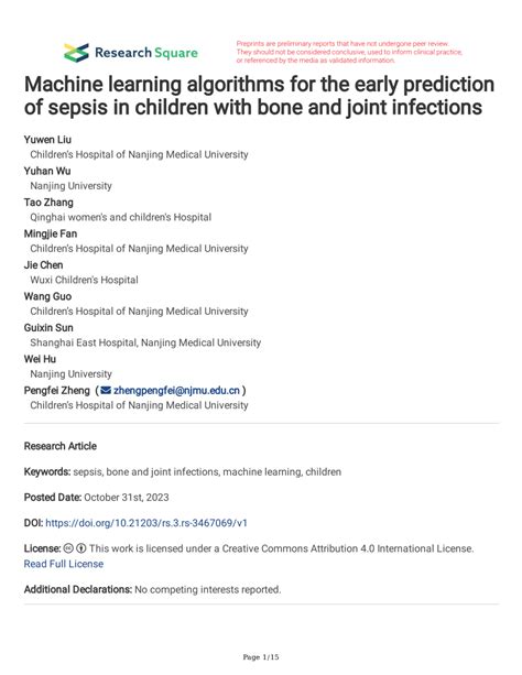Pdf Machine Learning Algorithms For The Early Prediction Of Sepsis In