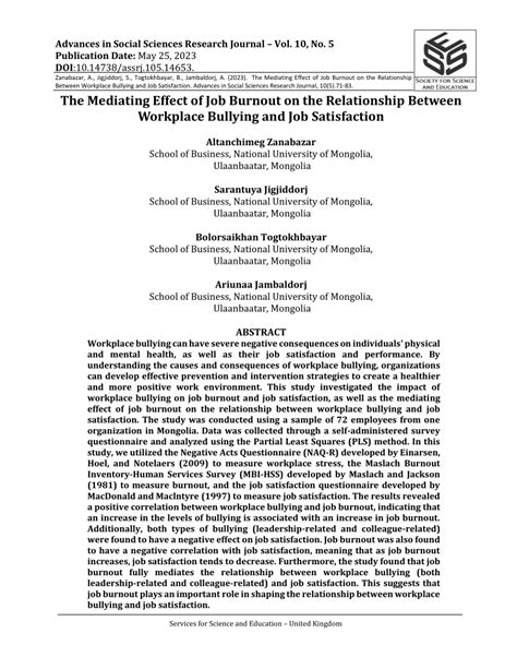 Pdf The Mediating Effect Of Job Burnout On The Relationship Between Workplace Bullying And Job