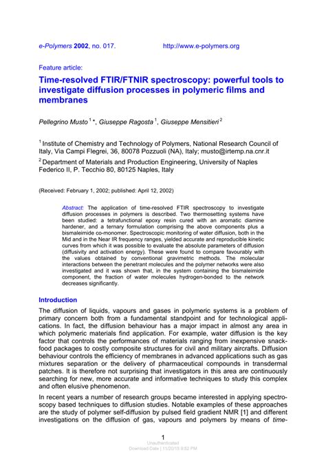Pdf Time Resolved Ftir Ftnir Spectroscopy Powerful Tools To Investigate Diffusion Processes