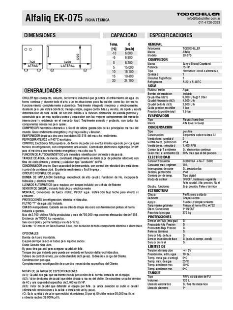 Ficha Técnica De Enfriador De Agua Chiller Alfaliq Ek 075