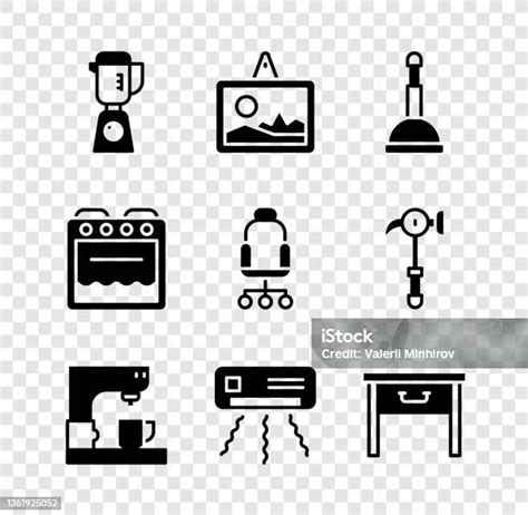 세트 블렌더 그림 고무 플런저 커피 머신 에어컨 가구 나이트 스탠드 오븐 및 사무실 의자 아이콘 벡터 가구에 대한 스톡 벡터