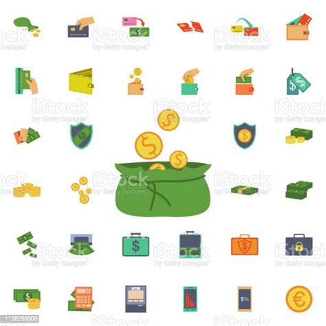 돈 아이콘이있는 가방을 엽니 다 웹 사이트 디자인 및 개발 앱 개발을위한 범용 뱅킹 세트 가방에 대한 스톡 벡터 아트 및 기타 이미지 Istock
