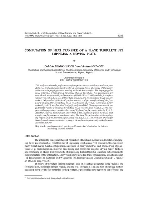 Pdf Computation Of Heat Transfer Of A Plane Turbulent Jet Impinging A