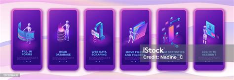 로봇 프로세스 자동화 모바일 앱 템플릿 세트로봇데이터 무기 이동 파일 정보 추출 디지털 기술 서비스 3d 아이소메트릭 벡터