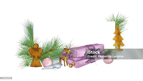 크리스마스 나뭇가지와 장난감 공 나무 천사 디지털 일러스트레이션 수채화 스타일은 흰색으로 분리되어 있다 크리스마스 상징 손으로 그린 장식 새해 디자인 인사말 카드 요소 0