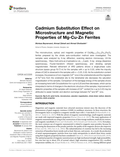 Pdf Cadmium Substitution Effect On Microstructure And Magnetic Properties Of Mg Cu Zn Ferrites