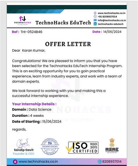 Got An Internship From Technohacks Edutech Karan Vaswani Posted On
