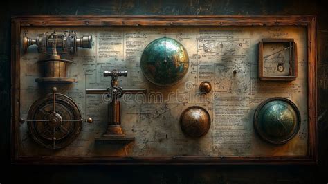 Intage Celestial Navigation Map With Brass Astrolabe And Orbits Stock Illustration