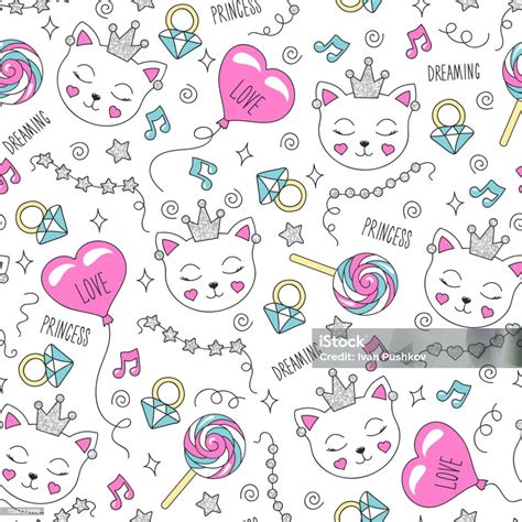 흰색 바탕에 귀여운 고양이 패턴입니다 다채로운 최신 유행 완벽 한 패턴입니다 패션 일러스트 옷에 대 한 현대적인 스타일 그리기입니다 아이 들 옷 T셔츠 직물 또는 포장에 대