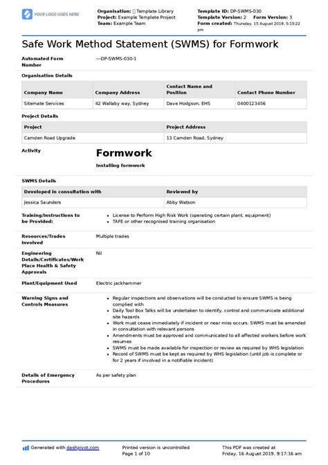 Free Safe Work Method Statement Template And Example
