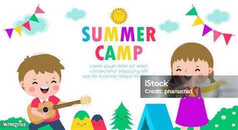 아이 여름 캠프 배경 교육 배너 템플릿 광고 브로셔 캠핑 포스터 전단지에 활동을 하는 아이들의 만화 당신의 텍스트 벡터 일러스트 레이 션 아이에 대한 스톡 벡터 아트 및