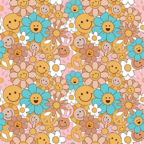 Groovy Flowers Pattern Retro Seventies Floral Seamless Pattern With Smiling Face Flowers