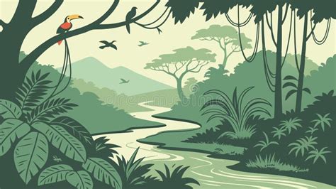 Jungle River With Birds And Lush Greenery Rainforest Ecosystem Vector