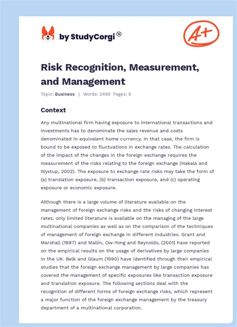 Risk Recognition Measurement And Management Free Essay Example