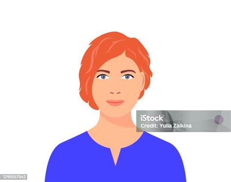 빨간 머리 여자의 초상화 여성 캐릭터 회색 눈을 가진 아름다운 젊은 여자 소셜 미디어 아바타 흰색 격리 된 배경에 플랫 벡터
