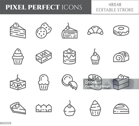 케이크와 쿠키 테마 픽셀 완벽 한 얇은 라인 아이콘 파이 브라 우 니 건 빵 티라미수 롤 및 다른 디저트의 요소 집합이 관련 그림 48 X 48 픽셀입니다 편집 가능한