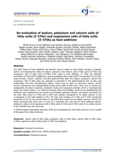 Pdf Re‐evaluation Of Sodium Potassium And Calcium Salts Of Fatty Acids E 470a And Magnesium