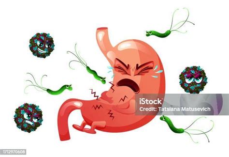 노로바이러스와 헬리코박터 파일로리 공격으로 아픈 우는 배 만화 캐릭터 A형 인플루엔자 바이러스에 대한 스톡 벡터 아트 및 기타 이미지 A형 인플루엔자 바이러스 건강