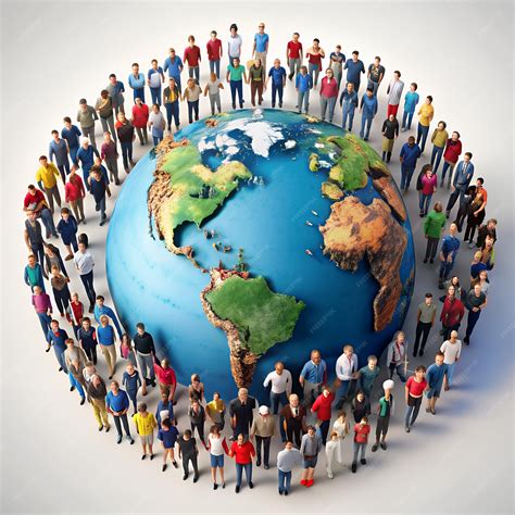Premium Vector A Crowd Of People Standing Around A Globe With A Blue