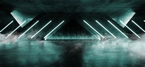 스모크 공상 과학 소설 형광 삼각형 모양의 네온 빛나는 파란 빛 거 대 한 어두운 시멘트 콘크리트 그런 지 지하철 차고 반사 외계인 우주선 미래 아치 3d 렌더링 0명에