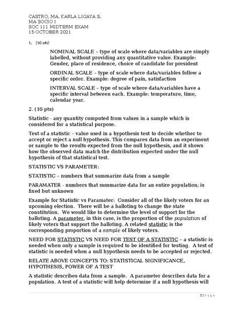 Midterm EXAM 15 Oct 2021 Castro MKLS Soc 111 MA SOCIO I SOC 111 MIDTERM EXAM 15 OCTOBER 2021