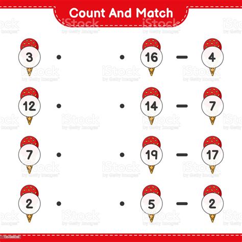 계산 및 일치 아이스크림의 수를 계산하고 올바른 숫자와 일치합니다 교육 어린이 게임 인쇄 워크 시트 벡터 일러스트레이션 0명에