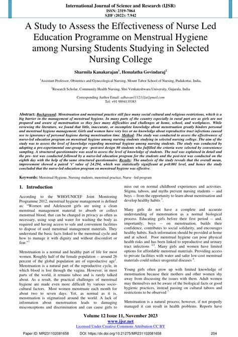 PDF A Study To Assess The Effectiveness Of Nurse Led Education Programme On Menstrual Hygiene