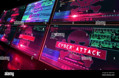 Cyber Attack Red Alert With Skull Symbol On Computer Screen With Glitch