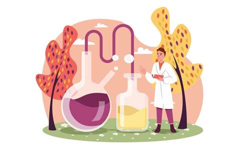 평면 만화 디자인의 사람들이 있는 과학 실험실 개념 젊은 과학자 프리미엄 벡터