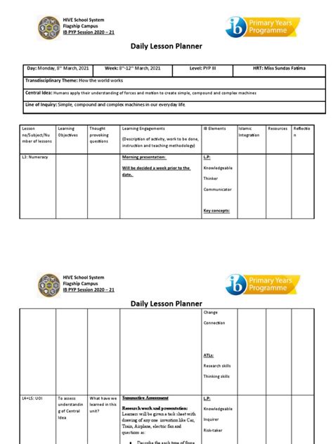 Pyp Iii Daily Lesson Planner Monday 2 Pdf Learning Cognition