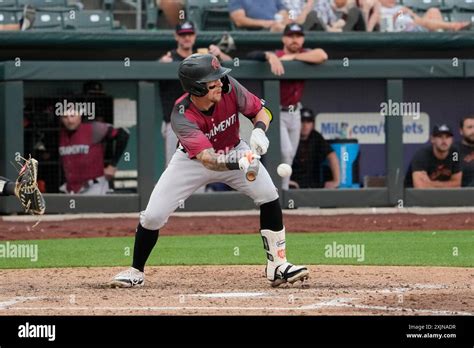 July 13 2024 Sacramento Shortstop Christian Koss 31 Bunts For A Hit During The Game With Reno