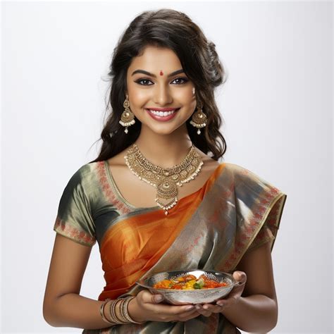 Une Belle Fille Indienne Traditionnelle Porte Un Sari Pooja Thali Sur