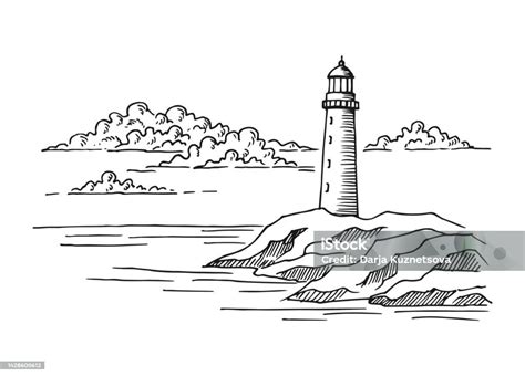 바다 경치 등대 손으로 그린 그림이 벡터로 변환되었습니다 바다 해안 그래픽 풍경 스케치 일러스트 레이 션 벡터 등대에 대한 스톡