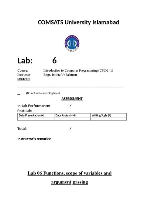 Lab 6 Lab 6 Course Introduction To Computer Programming Csc 141 Instructor Engr Imtiaz