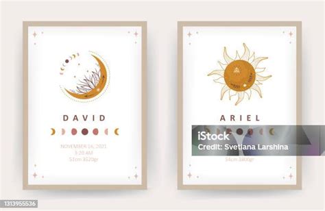 보호 달과 태양 아이 이름이 있는 포스터 어린이 방 벽 장식을위한 스칸디나비아 디자인 만화 스타일의 귀여운 파스텔 벡터 일러스트레이션 달 하늘에 대한 스톡 벡터 아트 및