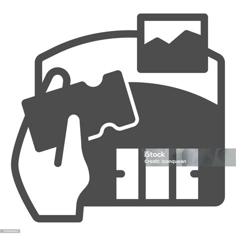 전시 센터와 티켓 단단한 아이콘 전시 개념이있는 손 벡터 그래픽입니다 건물 흰색 배경에 프리젠 테이션 격납고 기호 모바일 또는