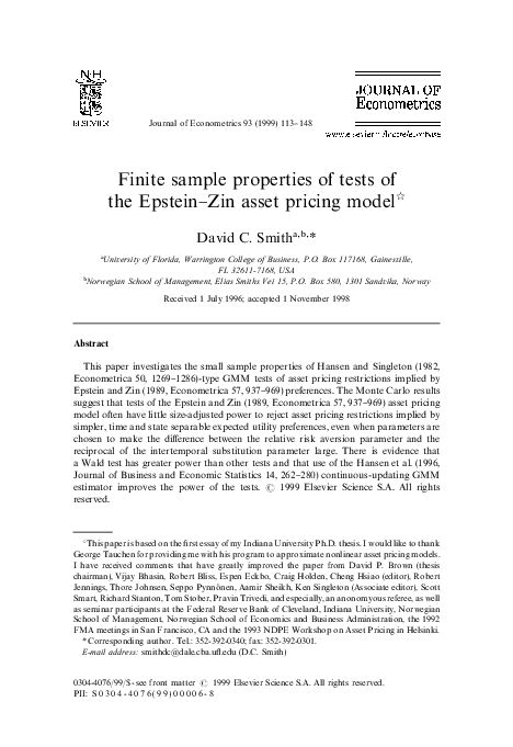 Pdf Finite Sample Properties Of Tests Of The Epsteinzin Asset Pricing Model David Smith