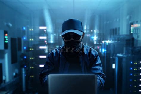 Anonymous Hacker Using Laptop In Server Room Stock Image Image Of Criminal Password 104222707