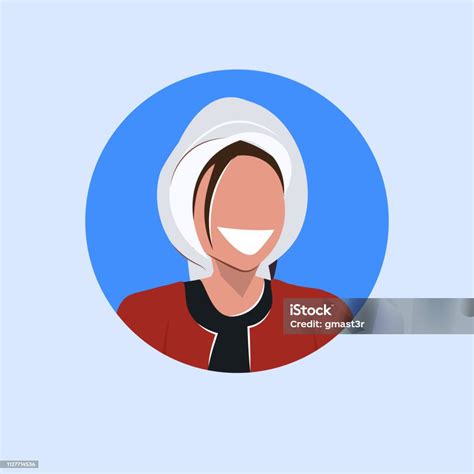 아랍 여자 얼굴 아바타 행복 아랍어 여자 착용 Hijab 무슬림 여성 만화 캐릭터 초상화 평평 블루 배경 개념에 대한 스톡 벡터