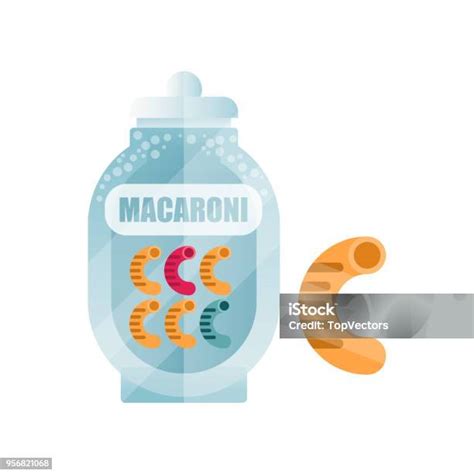 마 카로 니 파스타 뚜껑 및 이름 전통적인 이탈리아 요리 메뉴 음식 벡터 일러스트 레이 션 투명 한 유리 용기에 건조 건강한