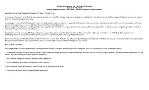 Eapp Q2 Module 8 Lesson 2 Summarizing Findings In Reports Studocu