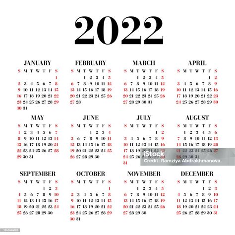 캘린더 2022 년 영어 벡터 간단한 사각 벽 또는 포켓 캘린더 템플릿 일요일부터 시작되는 주 0명에 대한 스톡 벡터 아트 및 기타 이미지 Istock